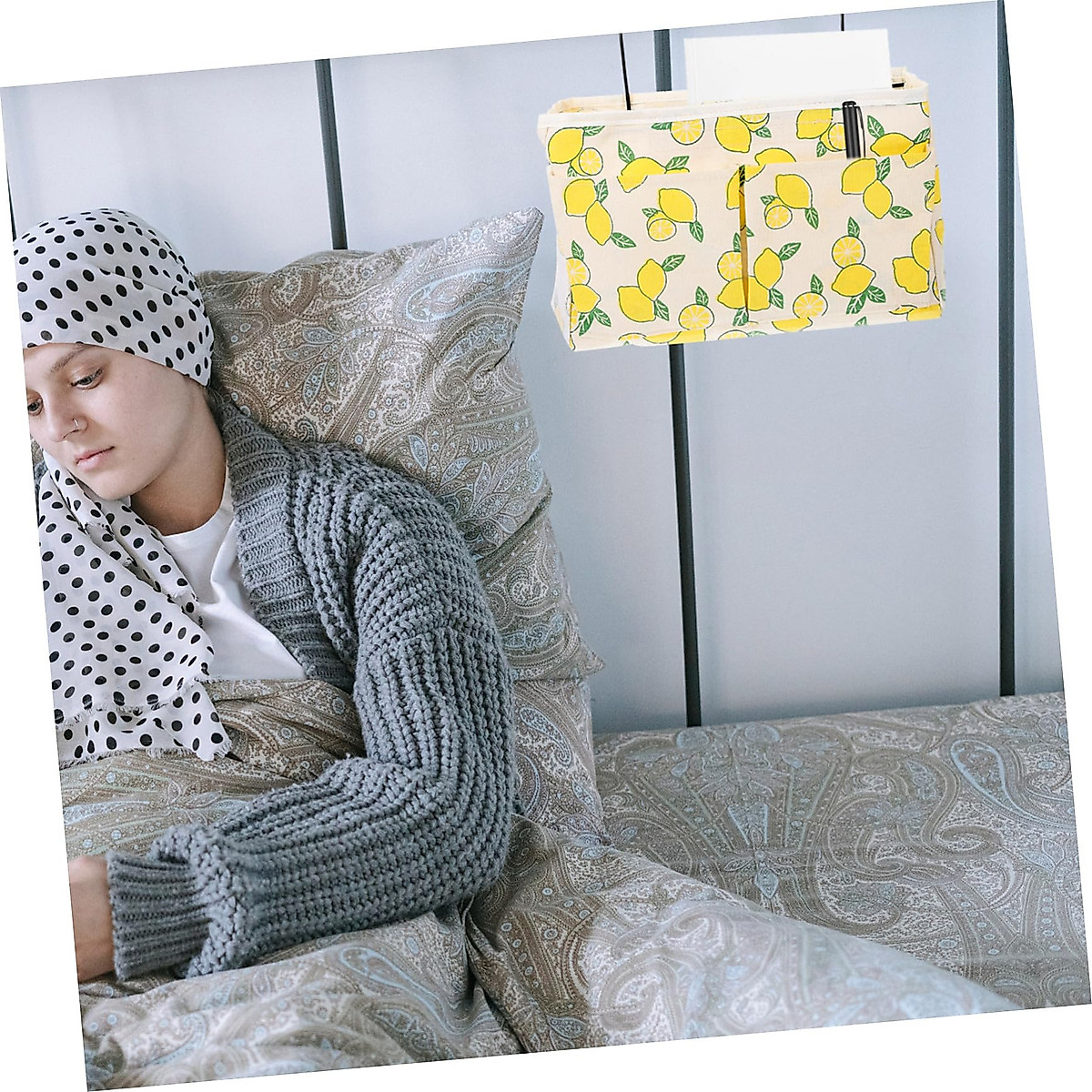 Lemon Bedside Cotton Linen Hanging Storage Bag Bed Storage Pocket Organizer Pouch Diaper Stacker for Bed Crib Craddle Baby Clothes Organizer