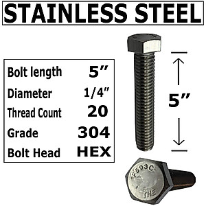 1/4" - 20 x 5-304-STAINLESS Steel Bolts, Nuts & WASHERS - 18-8 HEX Head Bolt - 304 Grade. General Purpose (10) Bolts + (10) Nuts + (10) Washers