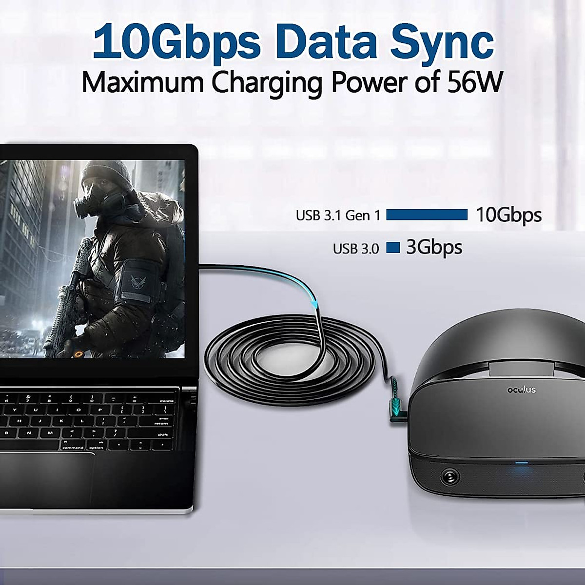 KZERO Link Cable 10 FT Compatible for Oculus Quest 2 Pico 4, PC/Steam VR, Transfer Link Cable VR for Quest 2 PC Data Transfer, USB 3.1 to USB C Cable for VR Headset and Gaming PC