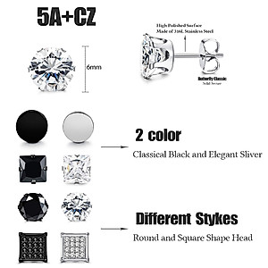 LOYALLOOK Stainless Steel Black Stud Earrings Silver Cubic Ziconia Stud Earrings Sets Tunnel Earring Ball Studs for Women Men 16 Pairs 6MM