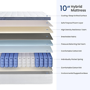 Dourxi Queen Size Mattress 10 Inch, Hybrid Queen Mattress in a Box with Cooling-Gel Memory Foam and Individually Pocket Innerspring for Support and Pressure Relief, Medium Plush
