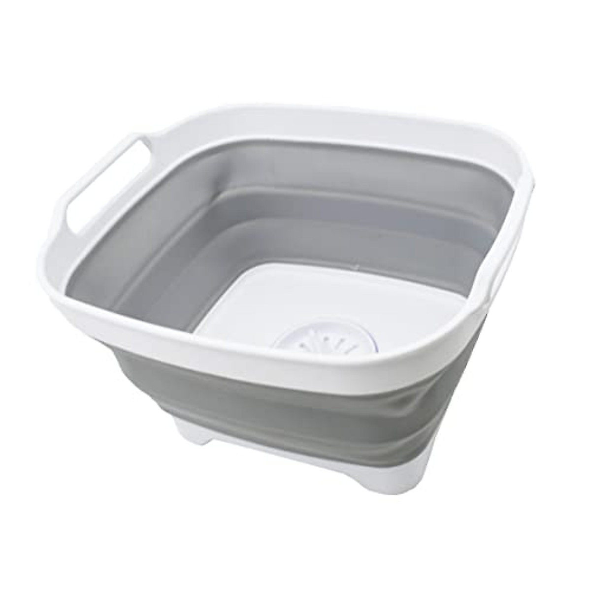 SAMMART 7.5L (2 Gallons) Collapsible Dishpan with Draining Plug - Foldable Washing Basin - Portable Dish Washing Tub - Space Saving Kitchen Storage Tray (White/Grey, 1)