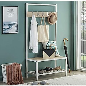 HOMISSUE Modern Style 2 Shelf Hall Tree with Storage Bench, Light Oak Bench and Lower Shelf with White Steel Frame, Entryway Shoe Rack with 5 Hooks for Garments