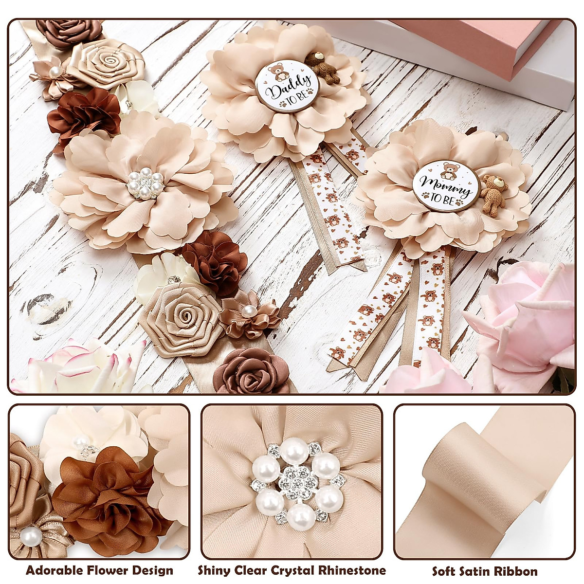 Vansolinne Brown Teddy Bear Maternity Sash Kit Mom to Be Daddy to Be Corsage Pins Bear Theme Baby Shower Decorations Teddy Bear Belly Band Pregnancy Photo Props New Parents Keepsake