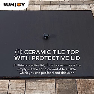 Sunjoy 38" Gas Fire Pit Table, Outdoor Patio Brown Square All-Weather Wicker Ceramic Tile Top Propane Burning Fire Pit Table with Lid and Lava Rocks