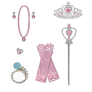 COMMINY Princess Cape Set Princess Dress Up Birthday Party Accessories Pink Cloak with Tiara Crown Mace Wig Gloves Necklace Presents for Kids Little Girls