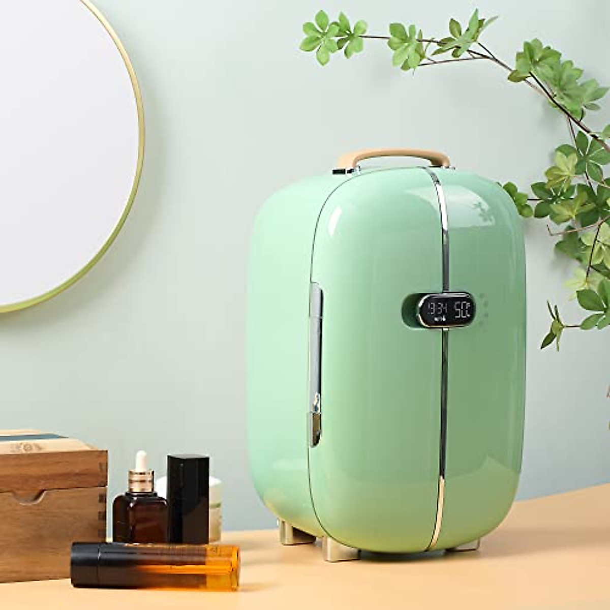 HOMCOM Portable Skincare Fridge, 12L Mini Fridge for Bedroom, Office, Dorm and Car, Thermoelectric Cooler and Warmer Refrigerator for Beauty, Makeup and Cosmetics, Green