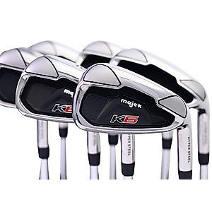 Majek K6 Iron Set +1 inch Over Big & Tall Men's 8-Piece Set (4-PW, SW) Right Handed Steel Shaft Regular Flex R Flex Club (Tall 6'0"+ / +1" Over) with Midsize Black Pro Velvet Grips