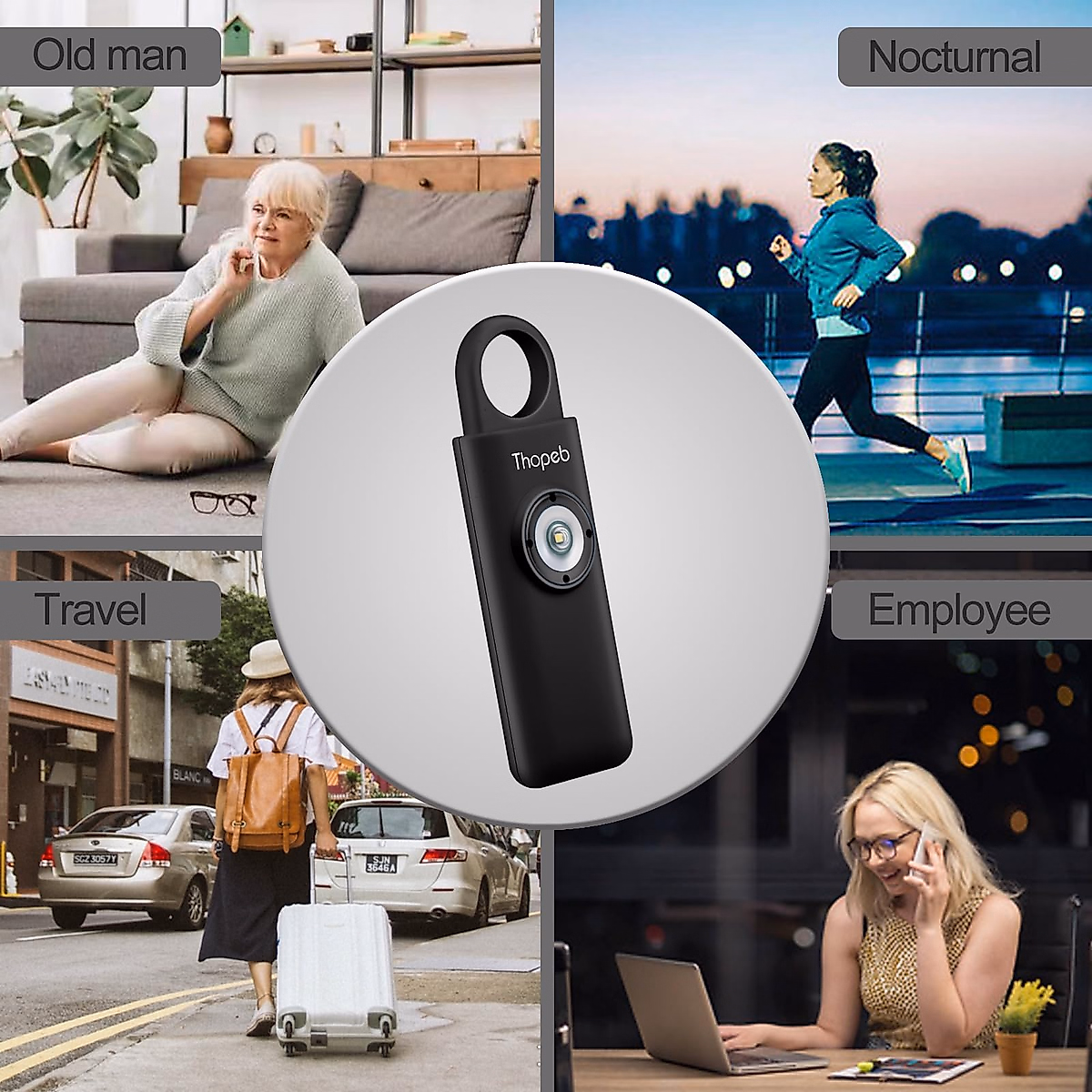 Thopeb–The Original Personal Safety Alarm for Women–Self Defense Siren for Women–Loud Siren Birdie Sound, LED Strobe Light and Safety Alarm Keychain (Charcoal)