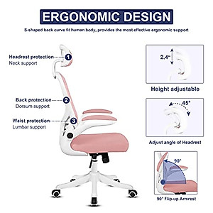 Misolant Office Chair, Ergonomic Desk Chair, Computer Chair, Mesh Office Chair, Office Chair with Adjustable Lumbar Support and Headrest, Executive Office Chair Pink, Desk Chair with Flip-up Armrest
