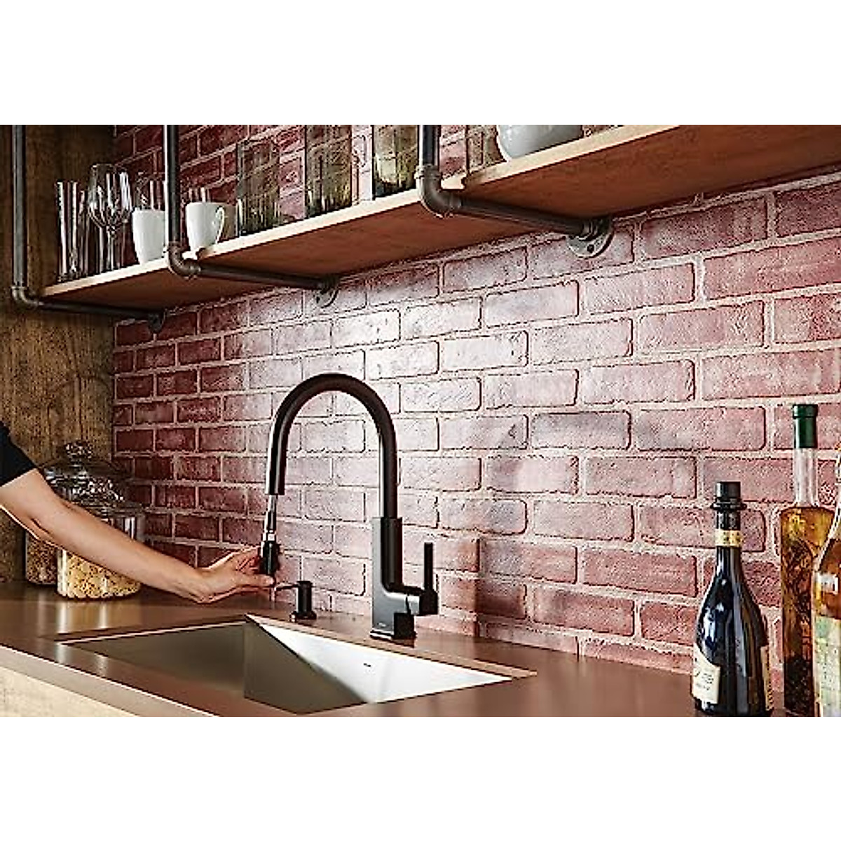 Moen Matte Black Deck Mounted Modern Soap Dispenser for Kitchen Sink with Above the Sink Refillable Bottle, 3942BL