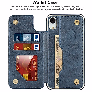 iCoverCase iPhone XR Wallet Case, iPhone XR Case with Card Slots Holder and Wrist Strap PU Leather Kickstand Double Magnetic Clasp Shockproof Cover Case for iPhone XR 6.1 Inch (Blue)