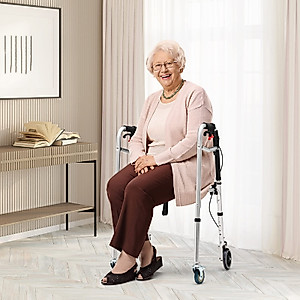 GYMAX Walkers for Seniors, 2-Button Folding Walker with 5” Lockable Wheels, Padded Seat & Trigger Release, 350lbs Height Adjustable Standard Walker, Foldable Rolling Adult Walker