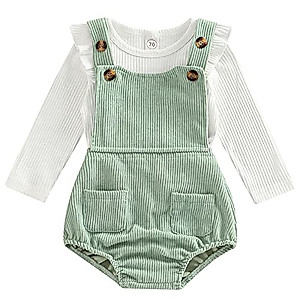Mubineo Baby Girl Basic Plain Ruffle Long Sleeve T Shirt Corduroy Overalls Cute Clothes Outfits (White Green, 0-6 Months)