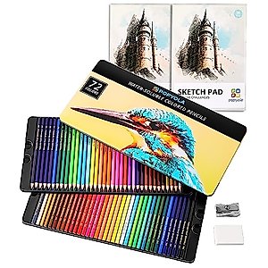 POPYOLA Watercolor Pencils, 72 Colored Pencils for Adult Coloring Books, Soft Core Art Pencils for Watercolor Drawing Blending Shading, Color Pencils Set Gift with 2 Sketch pads, 1 Sharpener, 1 Eraser