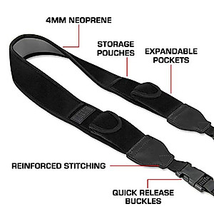 USA Gear TrueSHOT Neck Strap Neoprene Camera Straps - Padded Camera Strap, Pockets, and Quick Release Buckles - Compatible with Canon, Nikon, Sony and More DSLR and Mirrorless Cameras (Black)