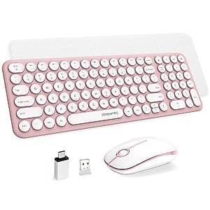 Wireless Keyboard and Mouse Combo, XTREMTEC Cute Compact Keyboard Pink Retro Round Keycap, Ultra Thin Quiet 2.4GHz Retro Kawaii Keyboard for Mac/PC/Laptop (Sakura Pink)