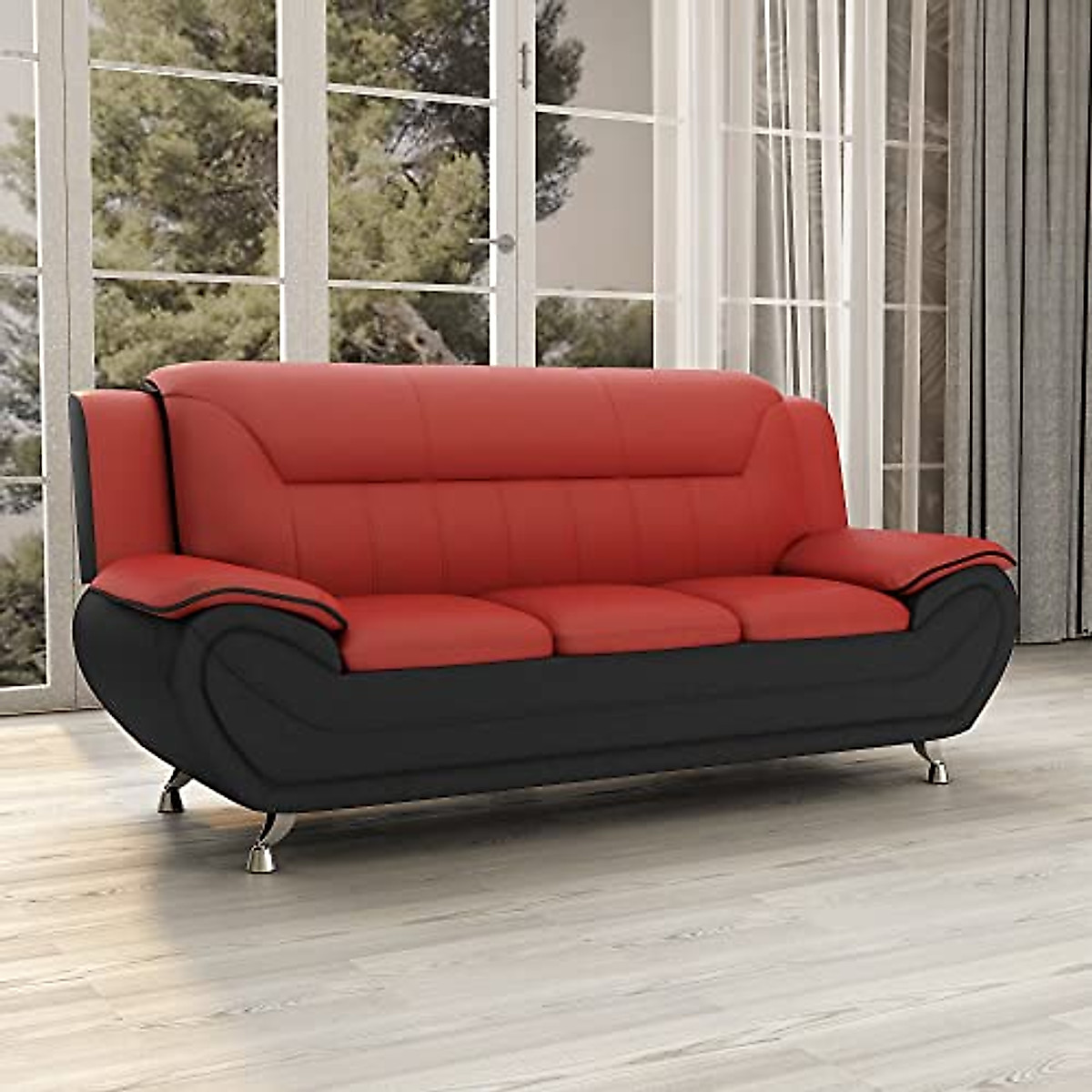 US Pride Furniture Michael Collection Modern Style Faux Leather Couch-Versatile 3 Seater Accent Piece for Living Room, Bedroom or Office-Comfortable Design and Elegant Look, 79" Sofa, Red/Black