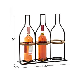 Deco 79 Metal Bottle Shaped 3 Bottle Wine Holder, 17" x 5" x 16", Black