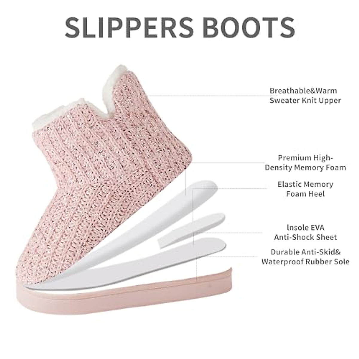 WOJWSKI Women's Knit Bootie Slippers Winter Warm Plush Fleece Memory Foam House Shoes with Comfy Plush Lining(Pink7-8)