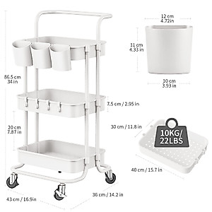 ALVOROG 3-Tier Plastic Rolling Utility Cart,Multi-Functional Storage Trolley for Office