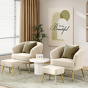 SHINEBOOM Velvet Accent Chairs with Ottoman for Living Room Bedroom Office Leisure Upholstered Single Sofa Chair Arm Chair Comfy Chair Reading Club Coffee Chair with Metal Legs, Beige