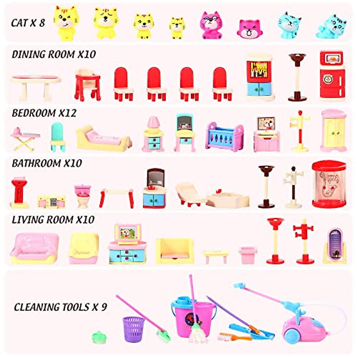 59 Pcs Dollhouse Furniture Accessories Sets Living Room Dining Room Bedroom Bathroom Miniature Doll House Furniture Plastic Pretend Doll Housework Cleaning Furniture Play Toy Gifts for Boy Girl Age 6+