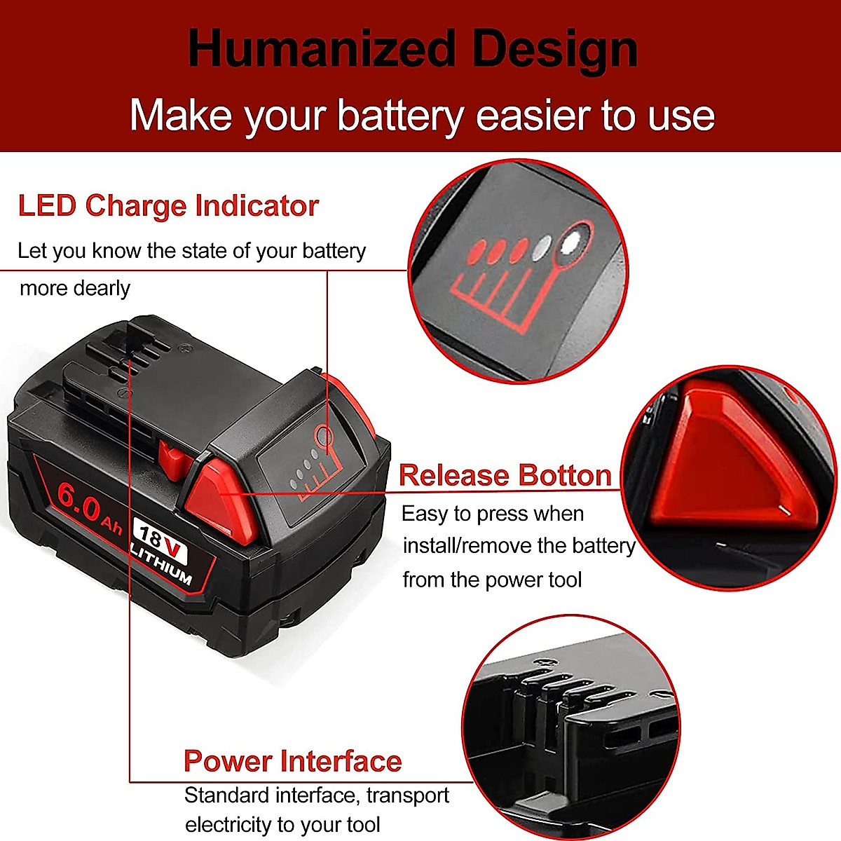 liangjia 2Packs 6.0Ah 18V Lithium-ion Replacement for Milwaukee M -18 Battery Compatible with Milwaukee 18V Tools