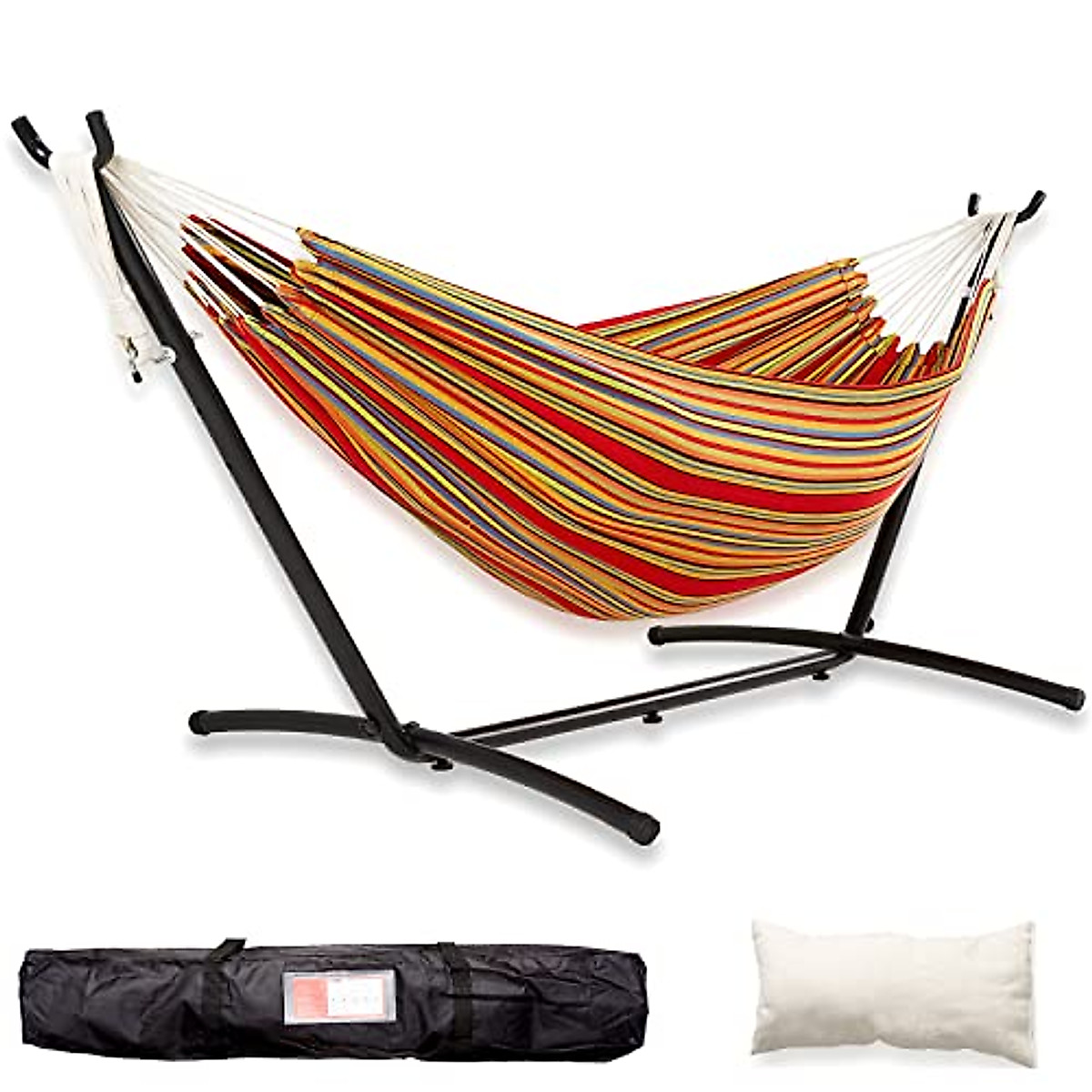 ACH Double Hammock with Stand Included 2 Person Heavy Duty Strong Portable Hammocks Indoor and Outdoor with Pillow-Carrying Bag for Outside Patio Backyard Lawn-450lb Capacity Rainbow