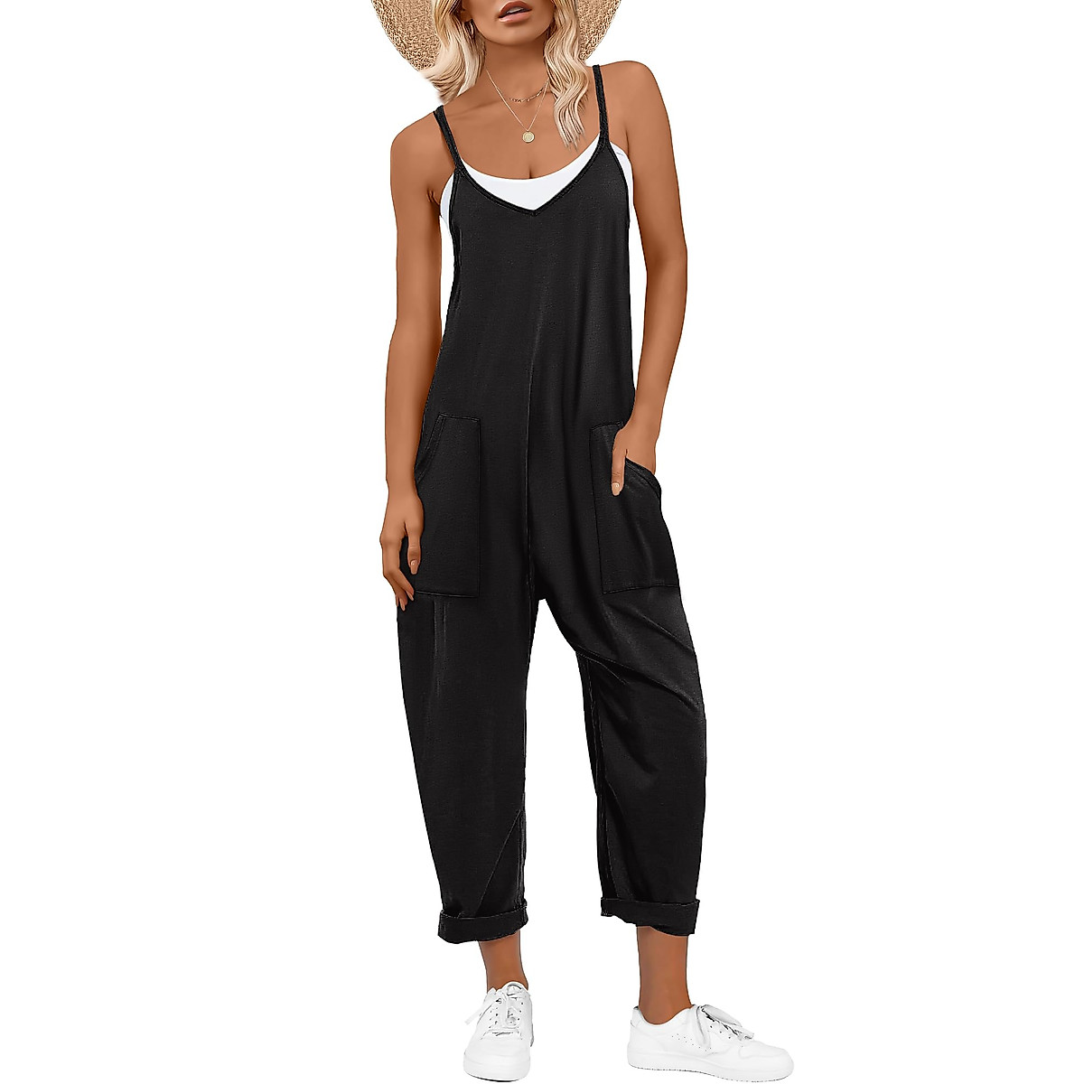 ANRABESS Jumpsuits for Women Casual Summer Overalls Sleeveless Spaghetti Strap Romper Jumpers Trendy Beach Vacation Outfits Black Large