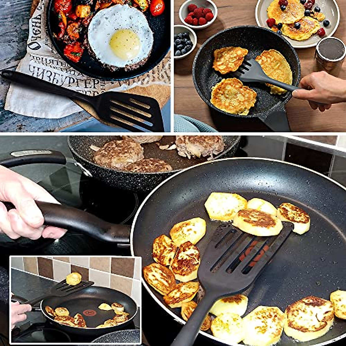 Silicone Spatula Set of 4 - Non-stick Pan Silicone Spatula Turner, Silicone Slotted Fish Turner Easy to Clean, Slotted Spatula for Eggs, Pancakes, Omelets