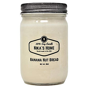 Nika's Home Banana Nut Bread Soy Candle 12oz Mason Jar Non-Toxic White Soy Handmade Long Burning 50-60 Hours Highly Scented All Natural, Clean Burning Candle Gift Décor