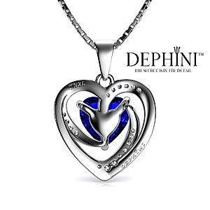 DEPHINI - Blue Heart Necklace - 925 Silver Heart Pendant with White CZ & Blue Birthstone Embellished with Branded Crystal for Women, 18" Sterling Silver Chain + Jewellery Box, Gifts for Women