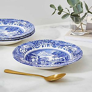 Spode Blue Italian Soup Bowls| Set of 4| 9-Inch| Soup, Pasta, and Salad Serving Bowls| Round, Wide Rim Bowl| Microwave Safe| Dishwasher Safe| Made in England