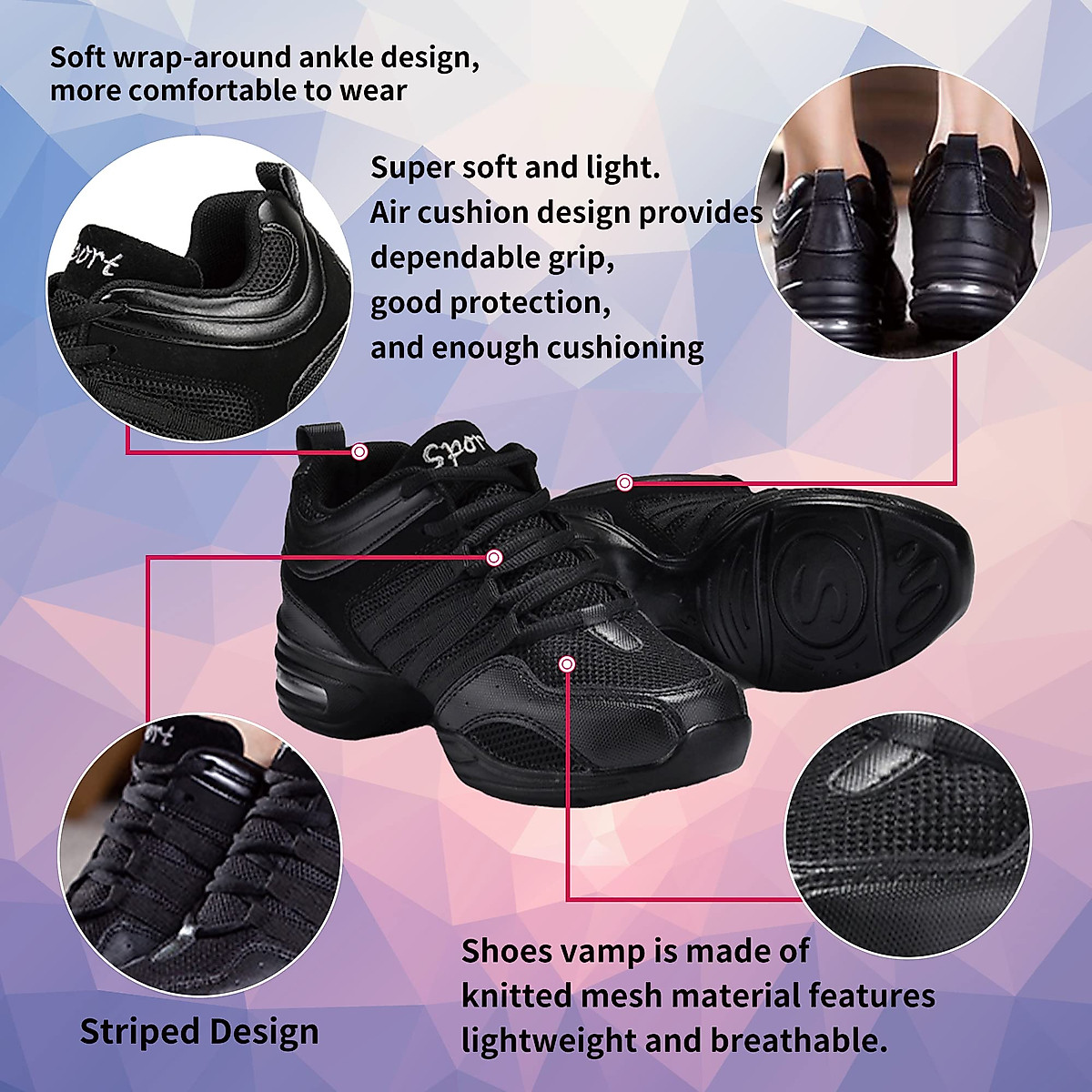 Women's Jazz Shoes Lace-up Sneakers,Mesh Slip Thick Soled Jazz Dance Shoes, Cushion Lady Girls Modern Breathable Air Cushion Split Sole Athletic Walking Dance Shoes A Black 9M