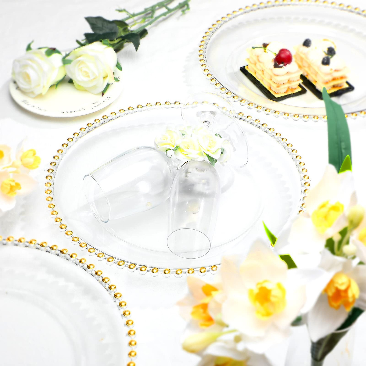 13 Inch Clear Plastic Round Charger Plates Table Dinner Charger Plates Clear Round Plates with Beaded Rim for Birthday Party Wedding Events Bridal Shower Dinner Decoration (Gold Bead, 12 Pack)