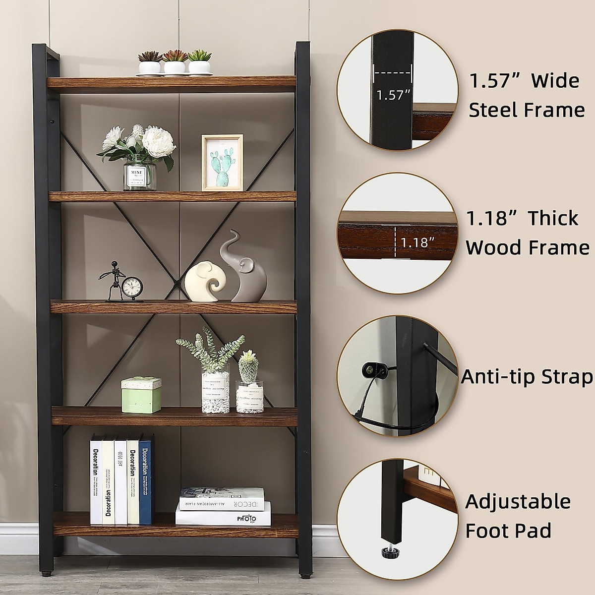 WH-AOERPUMY 5 Tier Bookcase, Solid Wood Bookshelf Rustic Vintage Industrial Etagere Bookcase, Metal and Wood Free Vintage Bookshelf, Retro Brown (Real Wood) (5-Tiers)