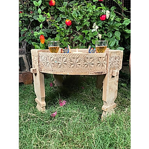Wooden Indian Natural Carved Chakki Table/Coffee Table/Round Rajasthani Desrt Dinner Table/Side Table/Lamp Holder Table/Candle Holder Table