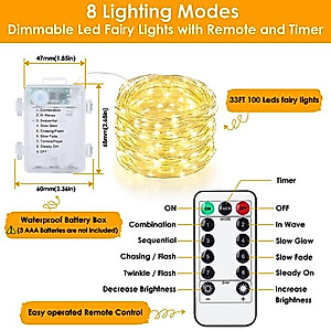 Mlambert 3 Pack 33FT Fairy String Lights Battery Operated with Remote and Timer, 100 LED Dimmable Waterproof Silver Wire 8 Modes Twinkle Lighting for Bedroom Indoor Outdoor Christmas Decor-Warm White