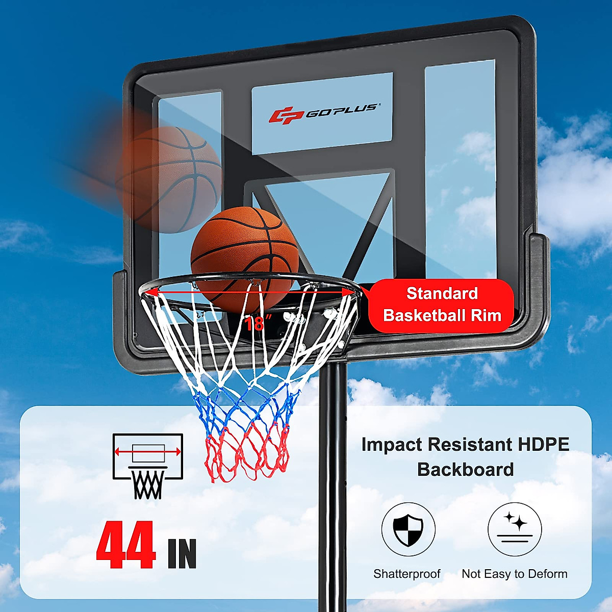 Goplus Portable Basketball Hoop, 10FT Height Adjustable Basketball Goal w/44‘’ Shatterproof Backboard, Outdoor Basketball Stand for Adults Teens Backyard Driveway (4.25-10FT, 12-Level, Upgrade Steel)