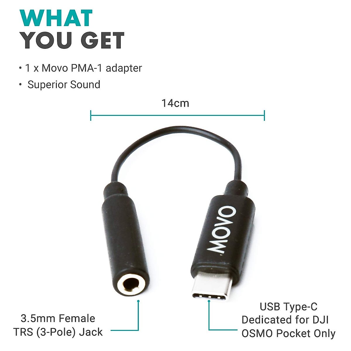 Movo PMA-1 DJI Osmo Pocket Microphone External Sound Adapter USB Type-C to 3.5mm TRS External Microphone Adapter