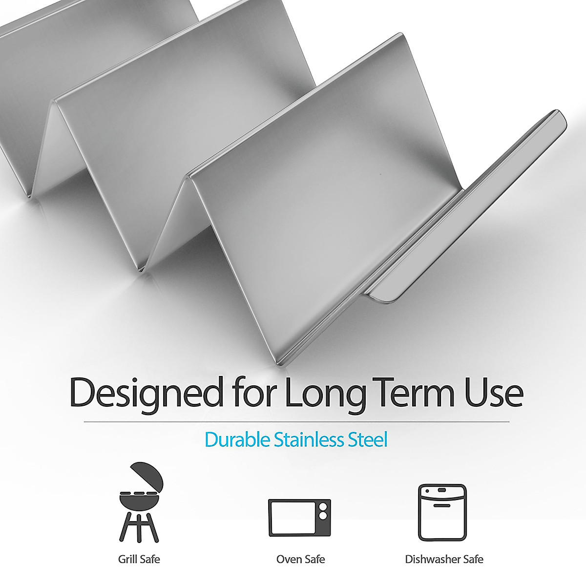 Metal Taco Holders Set of 4 - Heavy-Duty Taco Stands hold 3 Tacos - Use as a Taco Rack to fill Tacos with Ease - Safe for Dishwasher, Oven, and Grill - Taco Shell holder Size: 8" x 4" x 2"