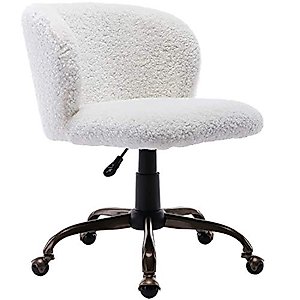 Wahson Shaggy Lamb Faux Fur Home Office Task Chair with Wheels, Comfy Swivel Desk Chair Armless, Vanity, Living Room, Bedroom, Whtie