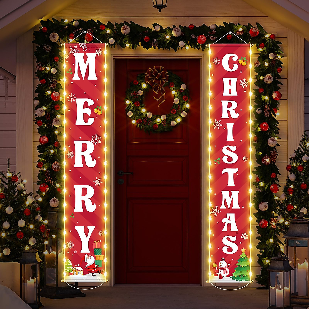 2 Pcs Christmas Hanging Porch Signs Banner with LED String Light Snowman and Santa Christmas Door Banner Xmas Banner for Indoor Outdoor Home Garage Wall Holiday Party Decorations (Snowflake)