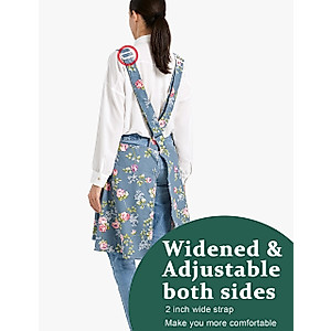 APRONNER Cozy Adjustable Cross Back Aprons for Women with Pockets Cotton Linen Cooking Kitchen Baking Rose Flower