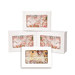 qiqee White 6 Cupcake Boxes with Window Auto-pop up 30 Packs Cupcake Box 9"x6.1"x3.3" Bakery Boxes For Cupcakes Carrier, Cupcake Containers
