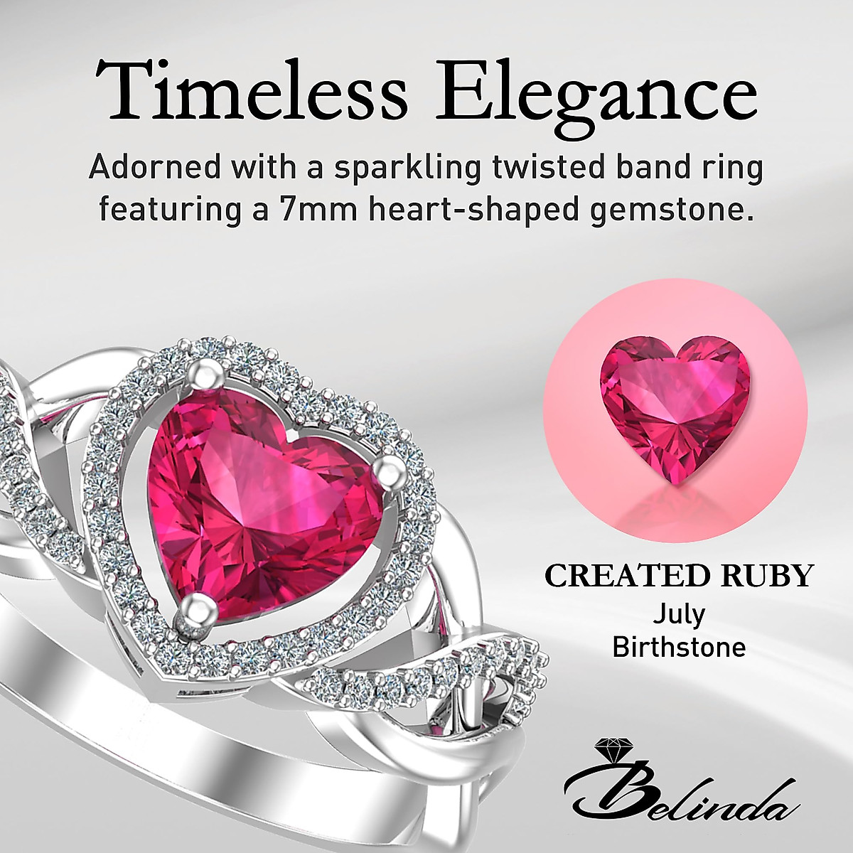 Belinda Jewelz - Heart Shaped Birthstone Ring, 7mm Cubic Zirconia Birthstone Rings for Women, 925 Sterling Silver Birthstone Rings, Promise Rings for Women, Created Ruby, Size 9