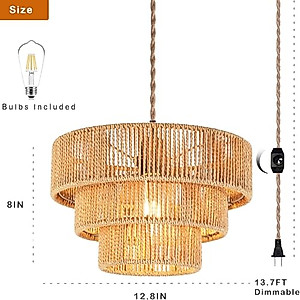 QIYIZM Plug in Pendant Light Boho Hanging Lights with Plug in Cord Rattan Hanging Lamp Dimmable Wicker Bamboo Woven Lamp Shade Hemp Rope Plug in Ceiling Light Fixture for Living Room Bedroom Kitchen