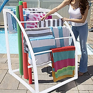 7 Bar Curved Outdoor Towel Rack - Free Standing Poolside Storage Organizer - Also Stores Floats, Paddles and Noodles, 37.5" W x 37.5" L x 49.5" H, (White) Style 244574