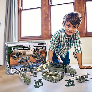 Die-cast Military Vehicles Toy Set, 6 Pack Alloy Army Toys Playset with Army Men Action Figures, Tank, Panzer, Helicopter, Truck, Submarine for Kids Boys Toddlers